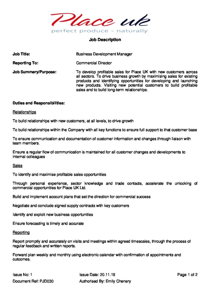 Business Development Manager Job Description Place UK